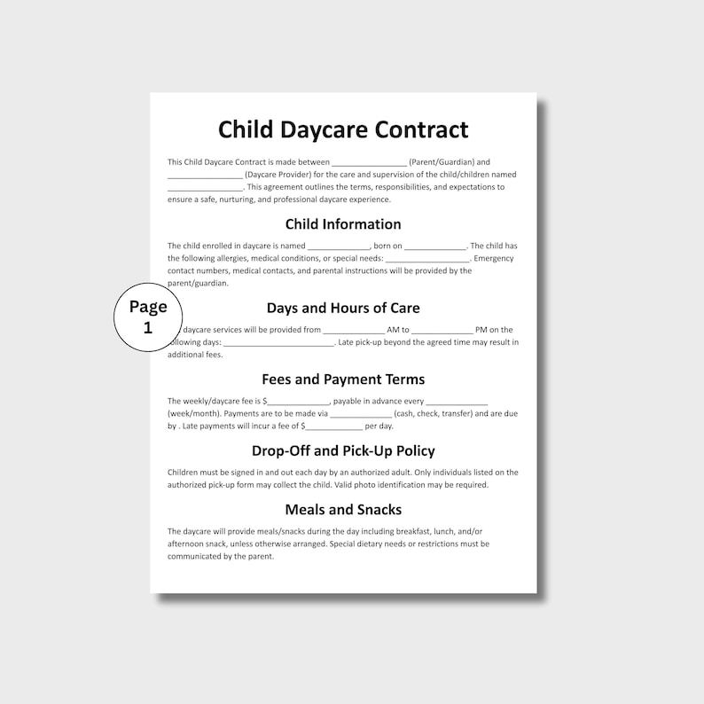 Child Daycare Contract, Customizable Daycare Paperwork Form Template ...