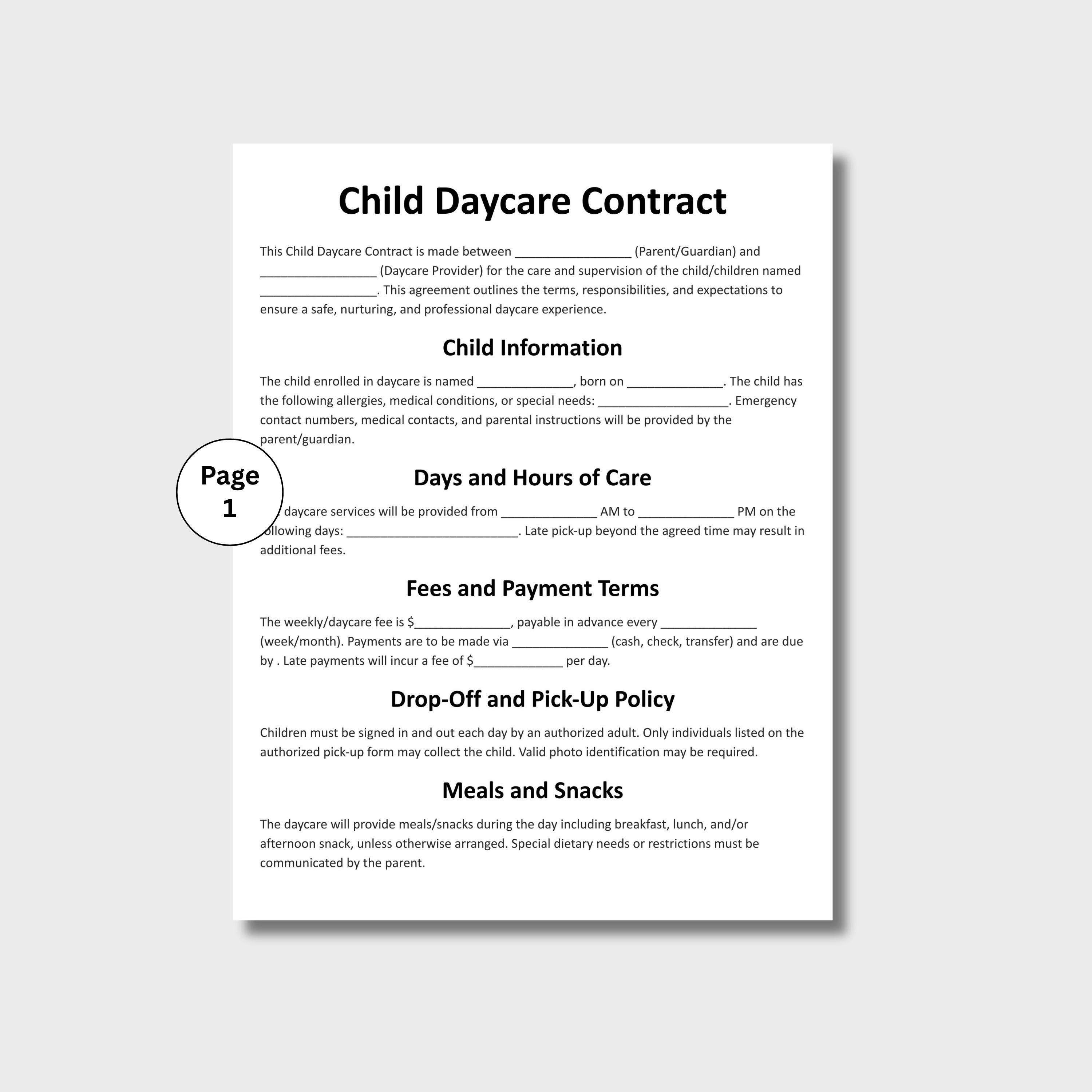 Child Daycare Contract, Customizable Daycare Paperwork Form Template ...