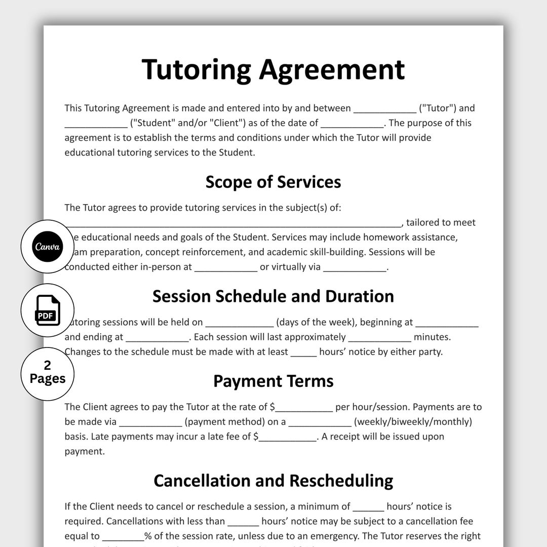 Tutoring Agreement, Customizable Tutoring Terms Contract Form Template ...