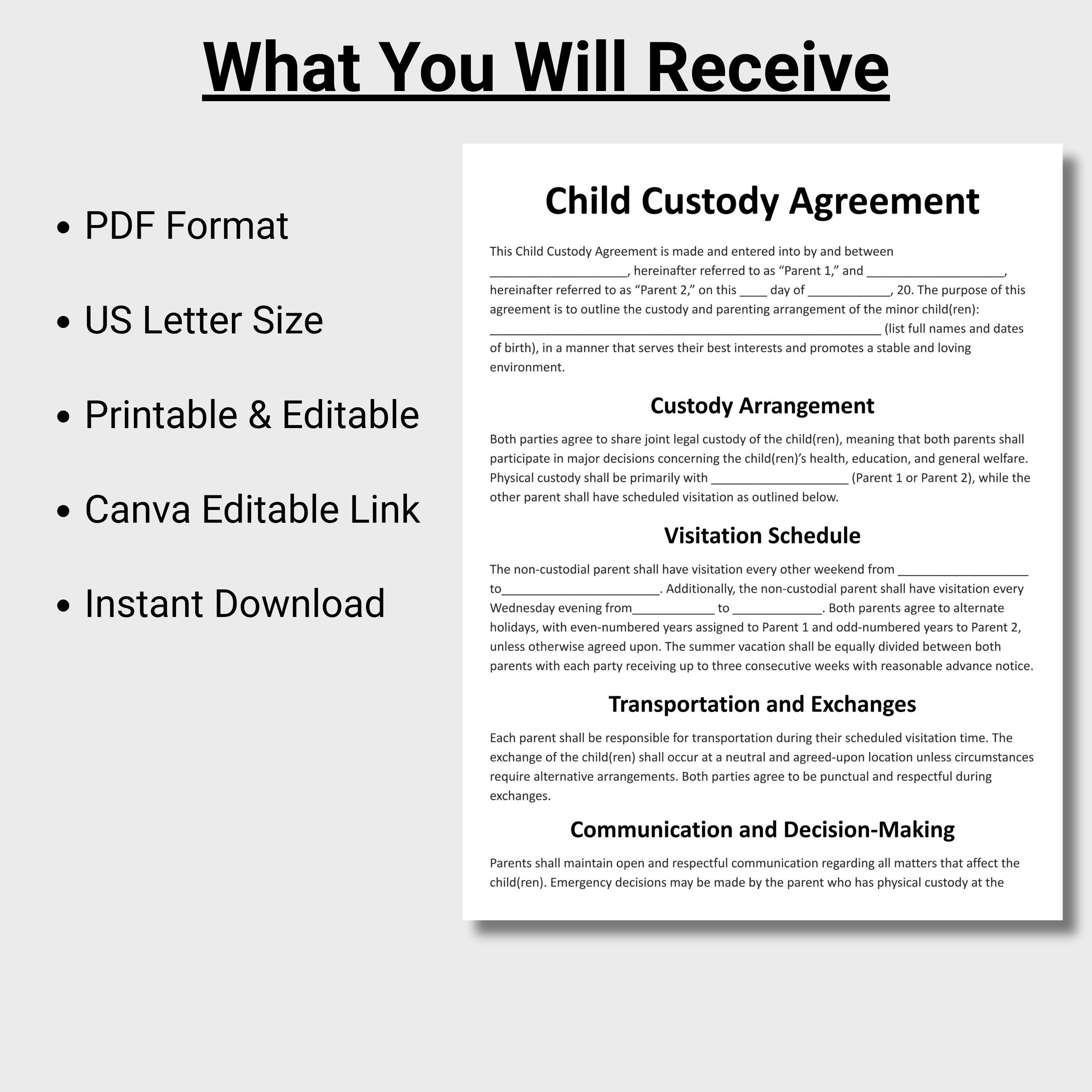 Child Custody Agreement, Customizable Co-parenting Form Template ...