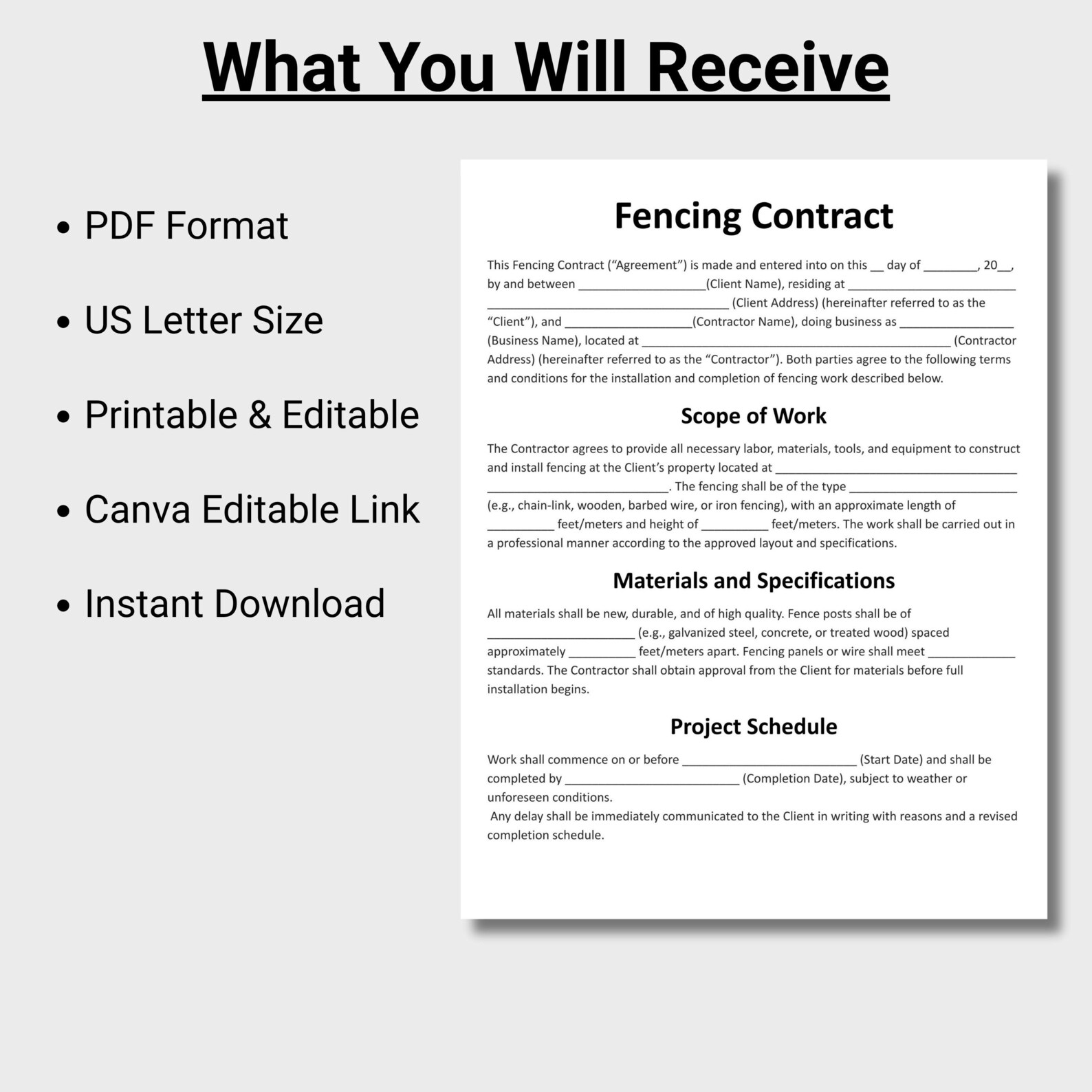 Fencing Contract, Customizable Fence Contract Form Template, Printable ...