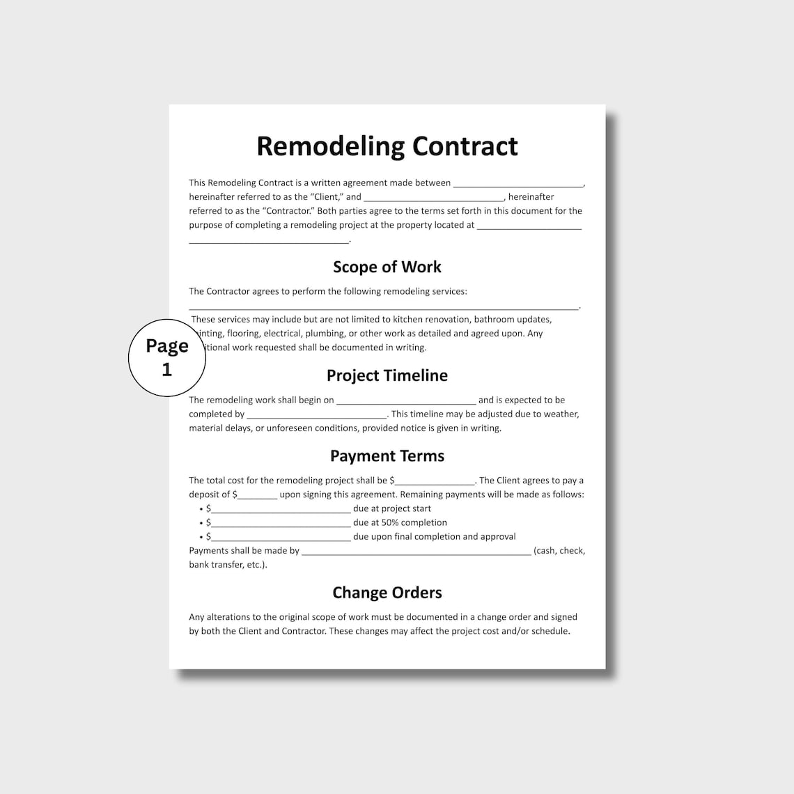 Remodeling Contract, Customizable Home Renovation Contract Form ...