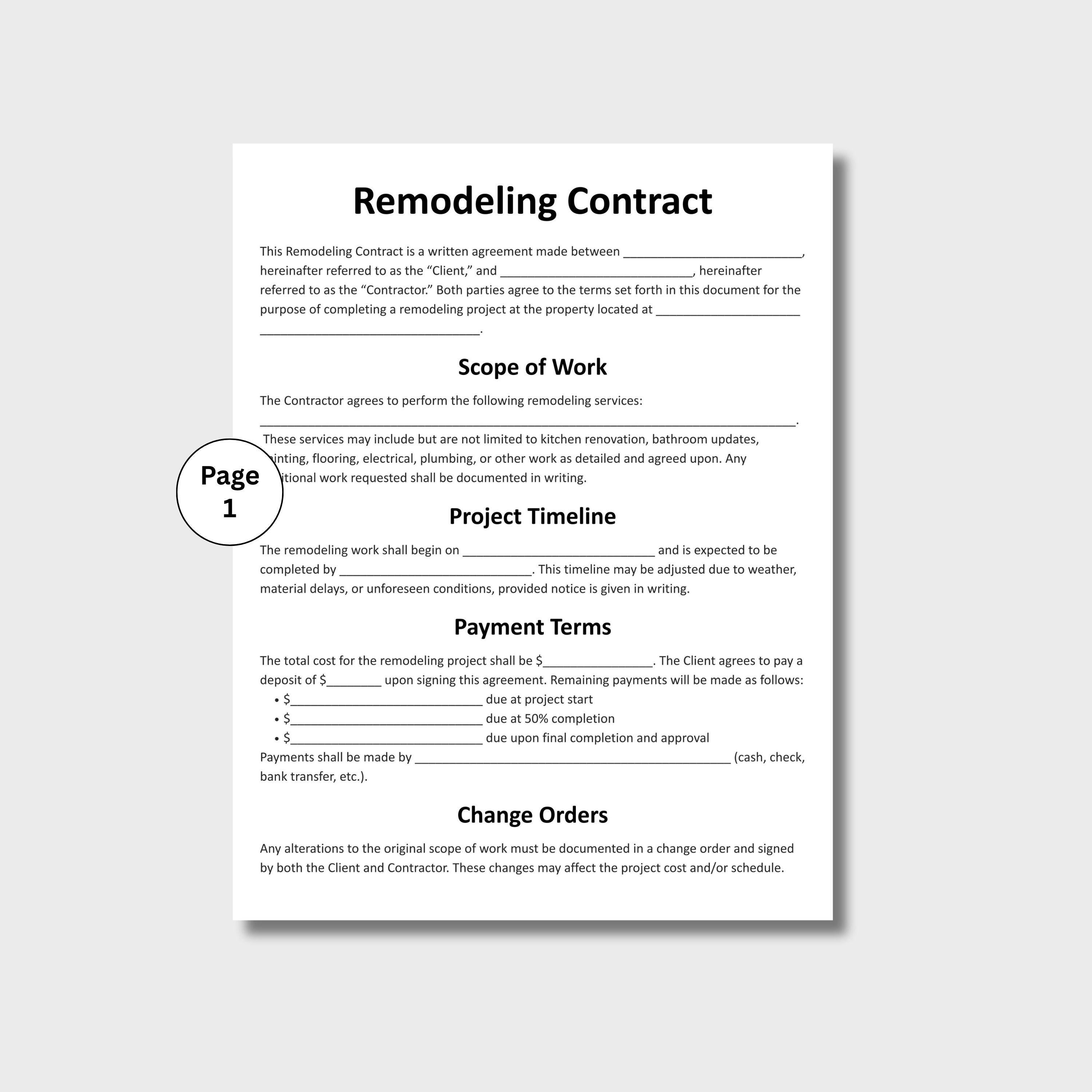 Remodeling Contract, Customizable Home Renovation Contract Form ...