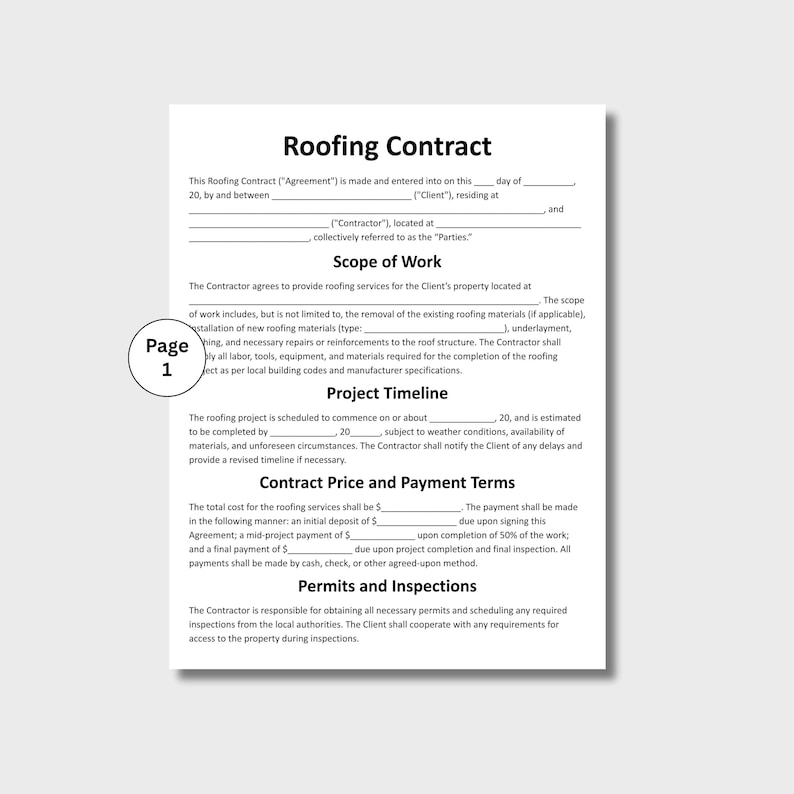 Roofing Contract, Customizable Roofer Contract Form Template, Printable ...