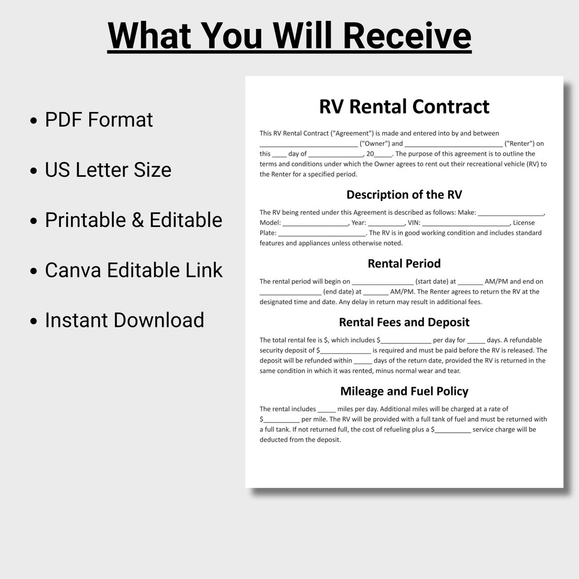 RV Rental Agreement, Customizable Motorhome Contract Form Template ...