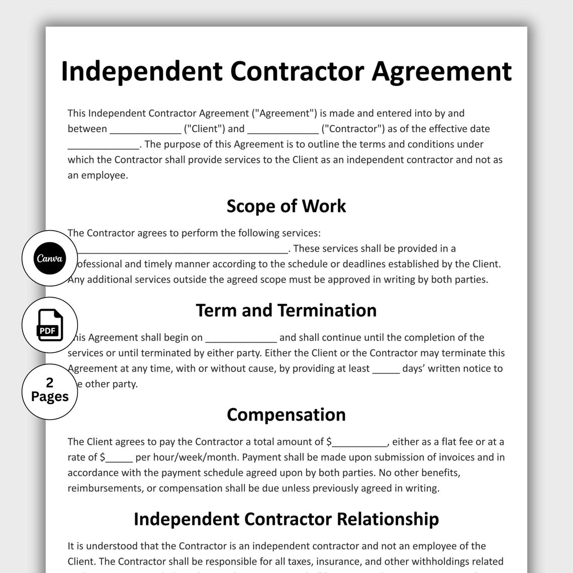 Independent Contractor Agreement, Customizable Business Contract Form ...
