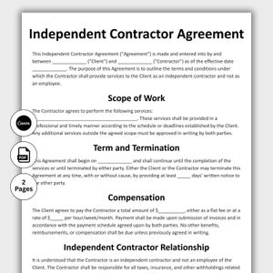 Independent Contractor Agreement, Customizable Business Contract Form Template, Printable ...