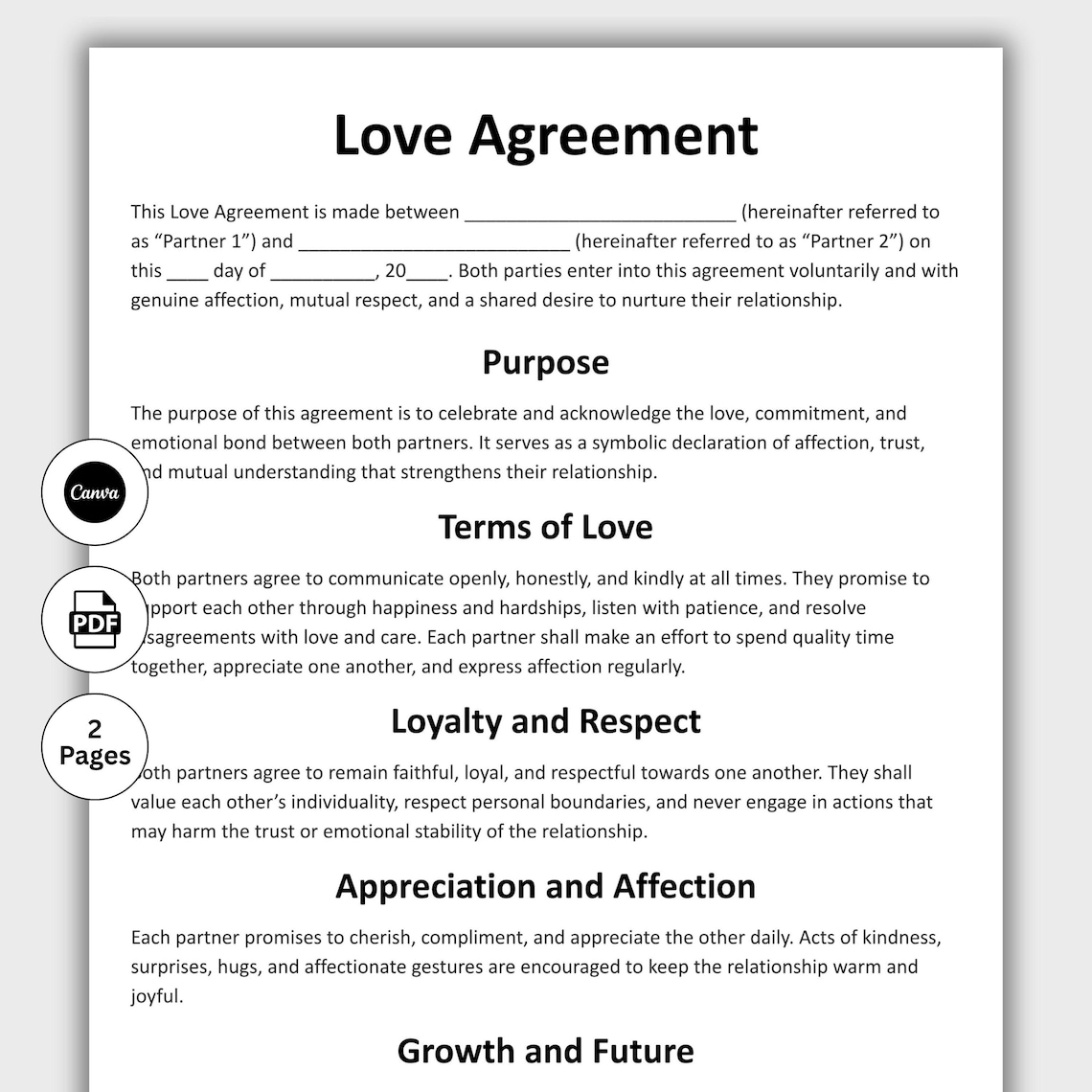 Love Agreement, Customizable Relationship Responsibilities Form ...