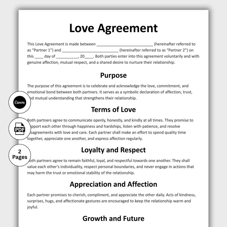 Love Agreement, Customizable Relationship Responsibilities Form ...