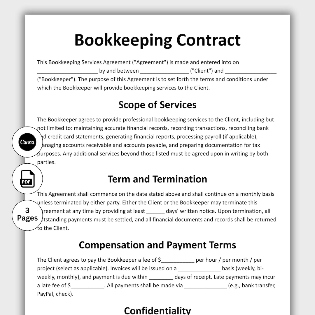 Bookkeeping Contract, Customizable Freelance Bookkeeper Form Template ...