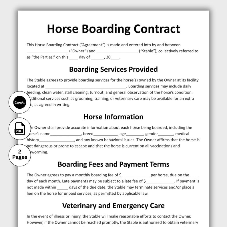 Horse Boarding Contract, Customizable Equine Boarding Agreement Form ...