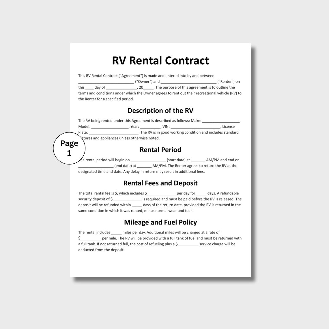 RV Rental Agreement, Customizable Motorhome Contract Form Template ...