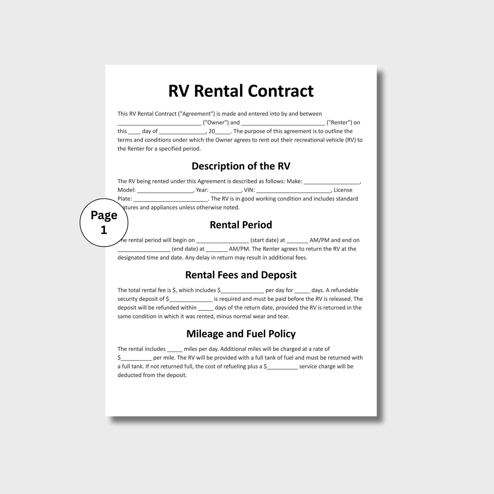 RV Rental Agreement, Customizable Motorhome Contract Form Template ...