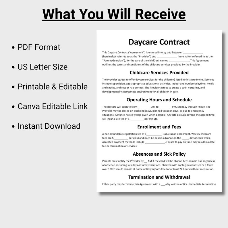 Daycare Contract, Customizable Daycare Form Template, Printable Daycare ...