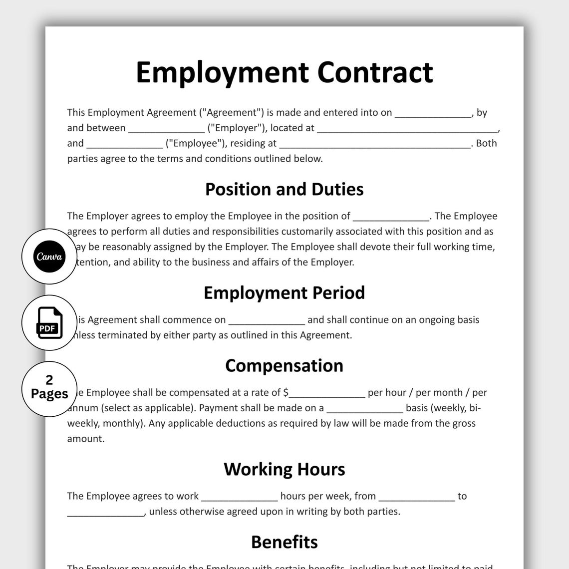 Employment Agreement Customizable Employment Service Contract Template