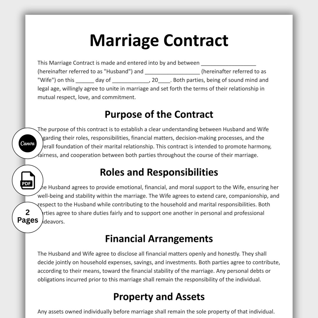 Marriage Contract, Customizable Couple Marriage Agreement Form Template ...