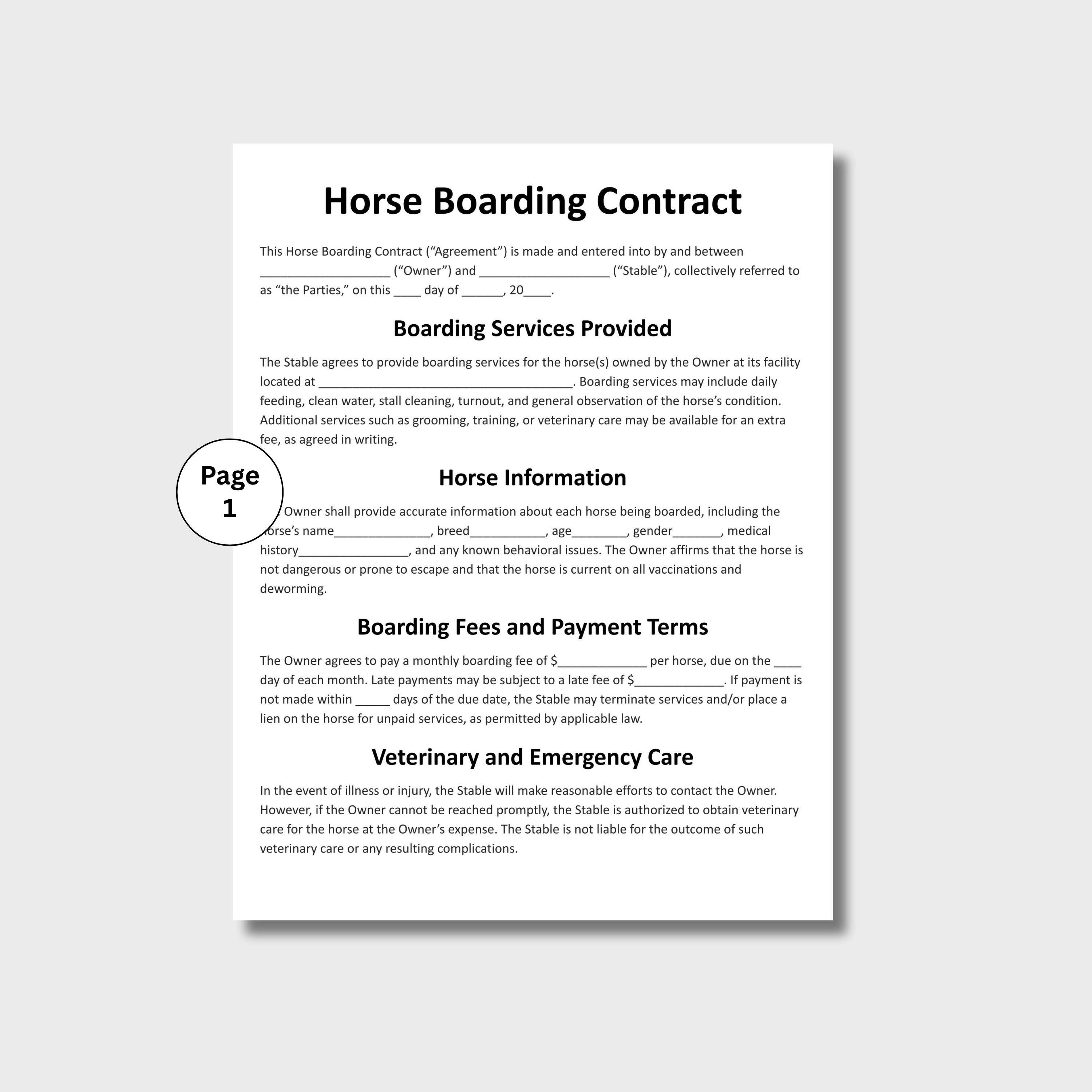 Horse Boarding Contract, Customizable Equine Boarding Agreement Form ...