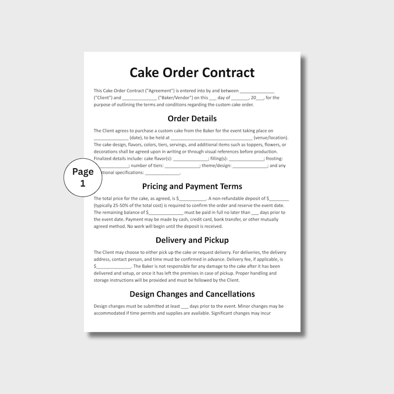 Cake Order Contract, Customizable Cake Order Form Template, Printable ...