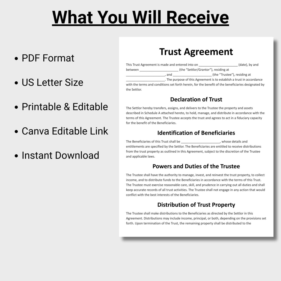 Trust Agreement, Customizable Beneficiary Form Template, Printable ...