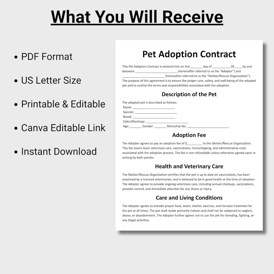 Pet Adoption Contract, Customizable Animal Adoption, Dog, Cat Adoption ...