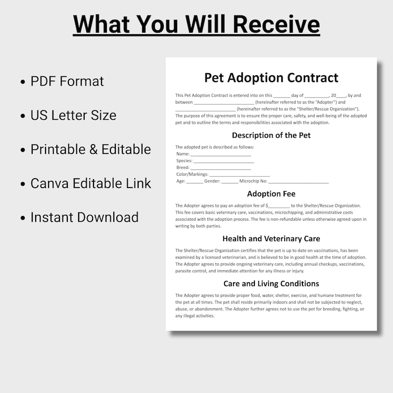 Pet Adoption Contract, Customizable Animal Adoption, Dog, Cat Adoption ...