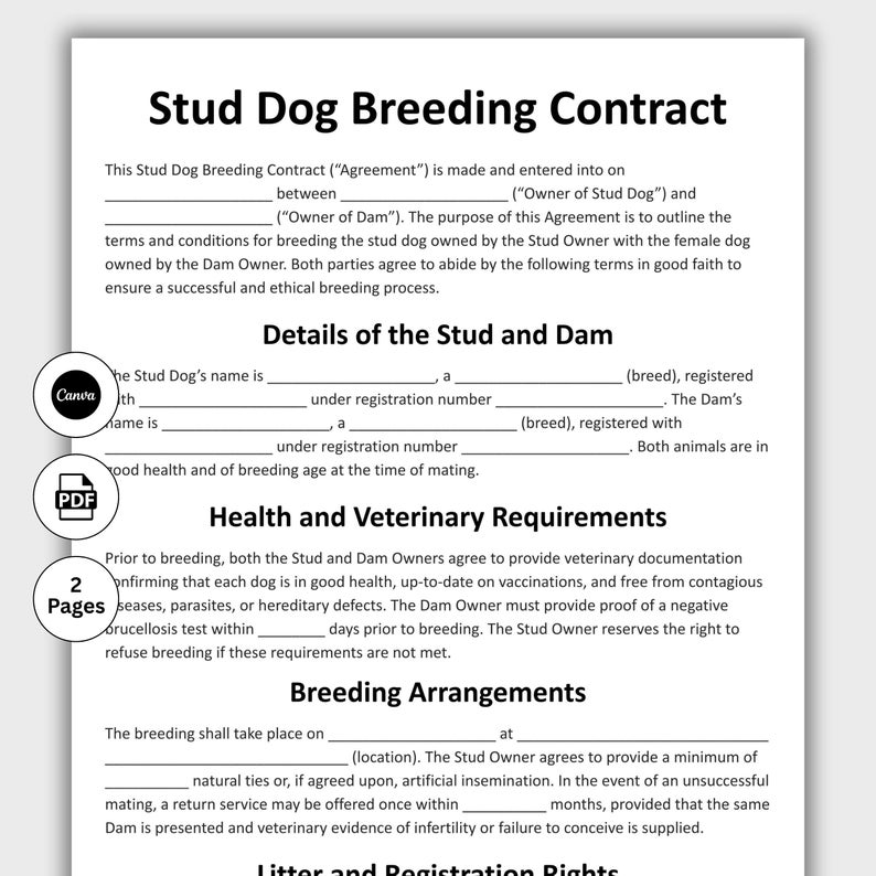 Stud Dog Breeding Contract, Customizable Canine Stud Dog Form Template, Printable Dog Breeding ...