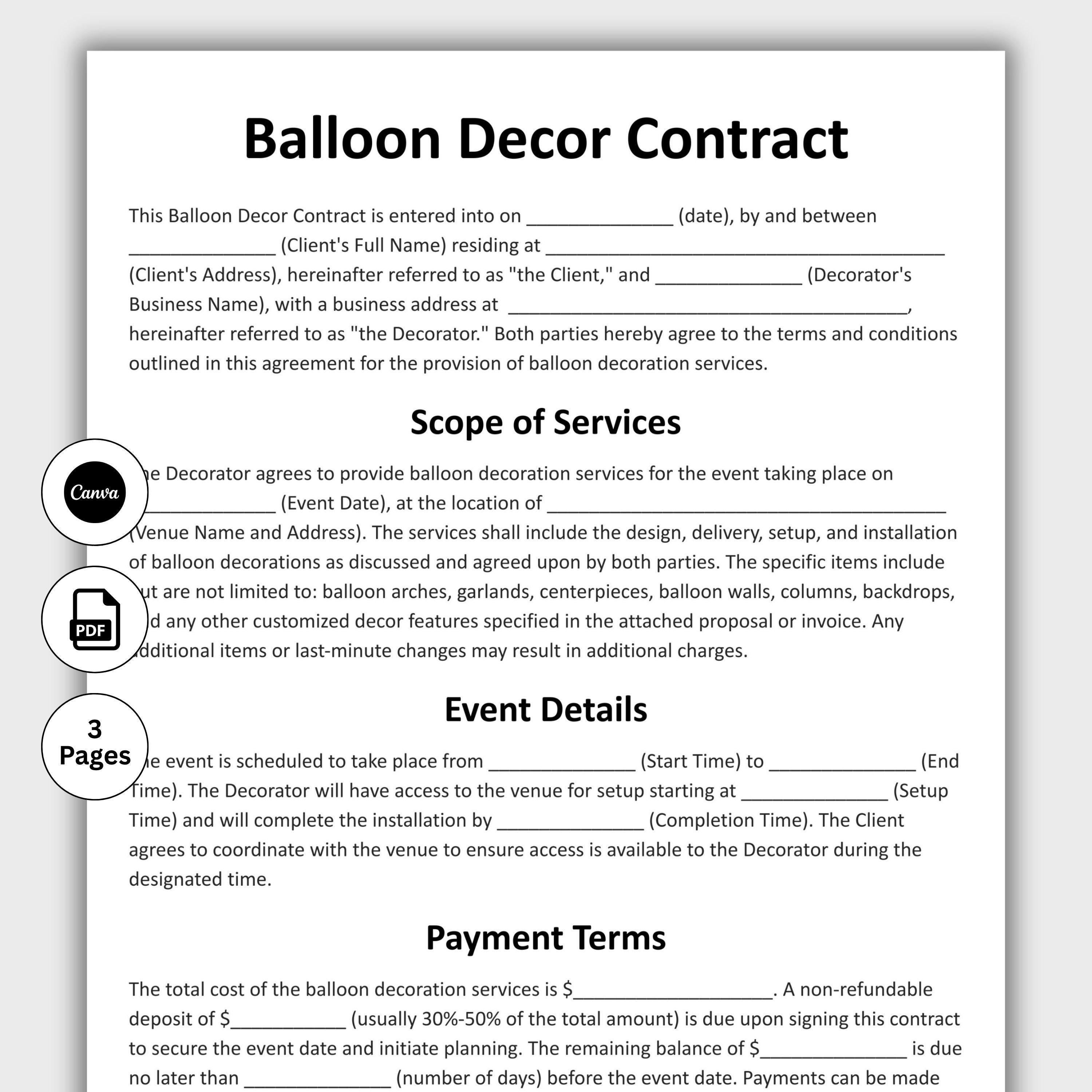 Balloon Decor Contract, Customizable Balloon Artist Service Agreement ...