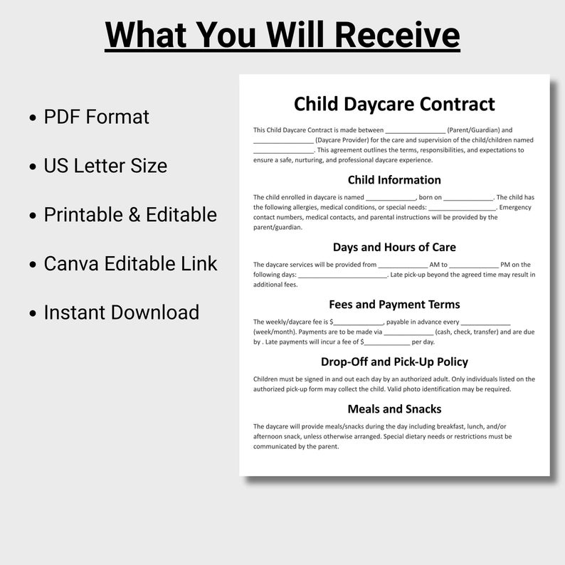 Child Daycare Contract, Customizable Daycare Paperwork Form Template ...