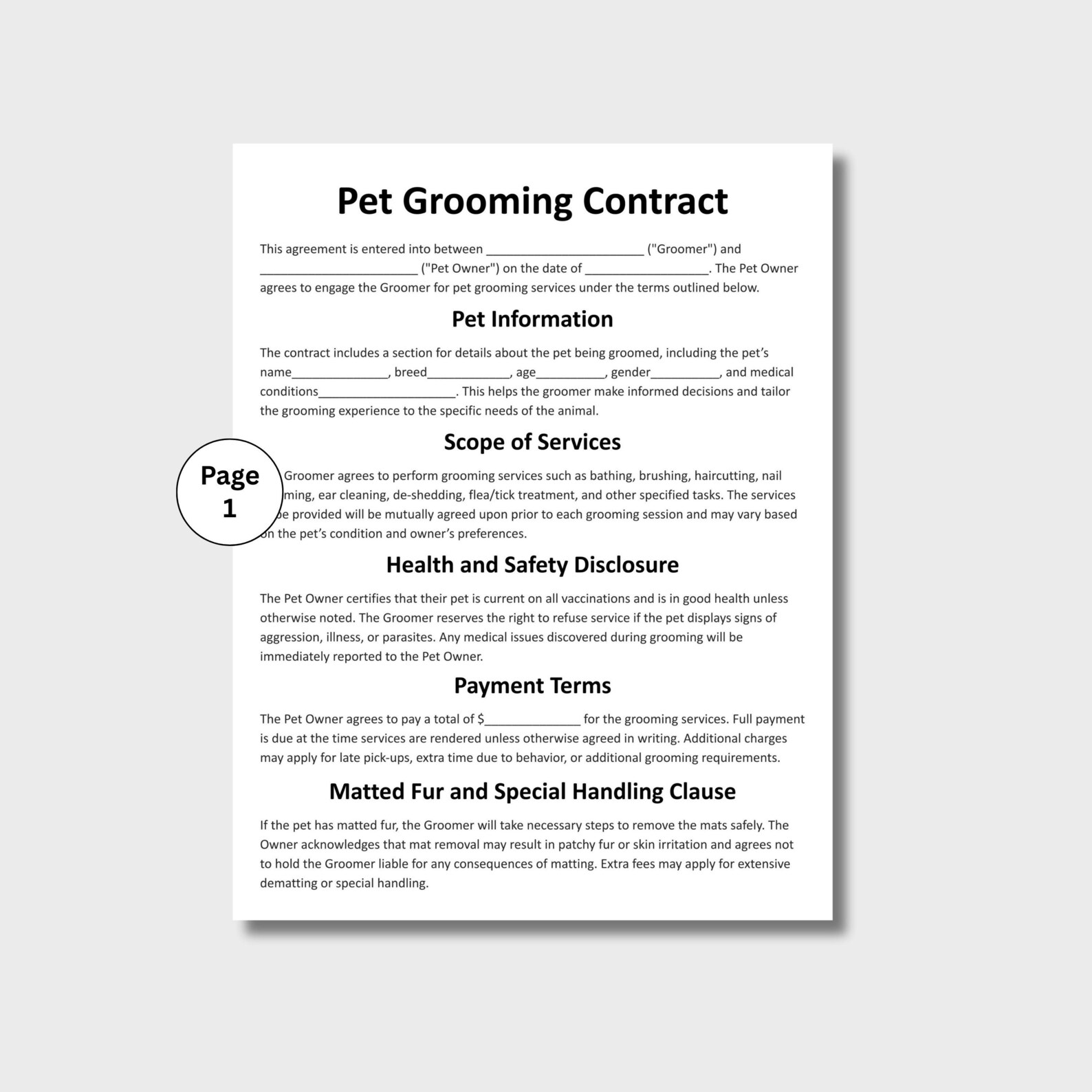 Pet Grooming Contract, Customizable Dog Cat Grooming Form Template ...