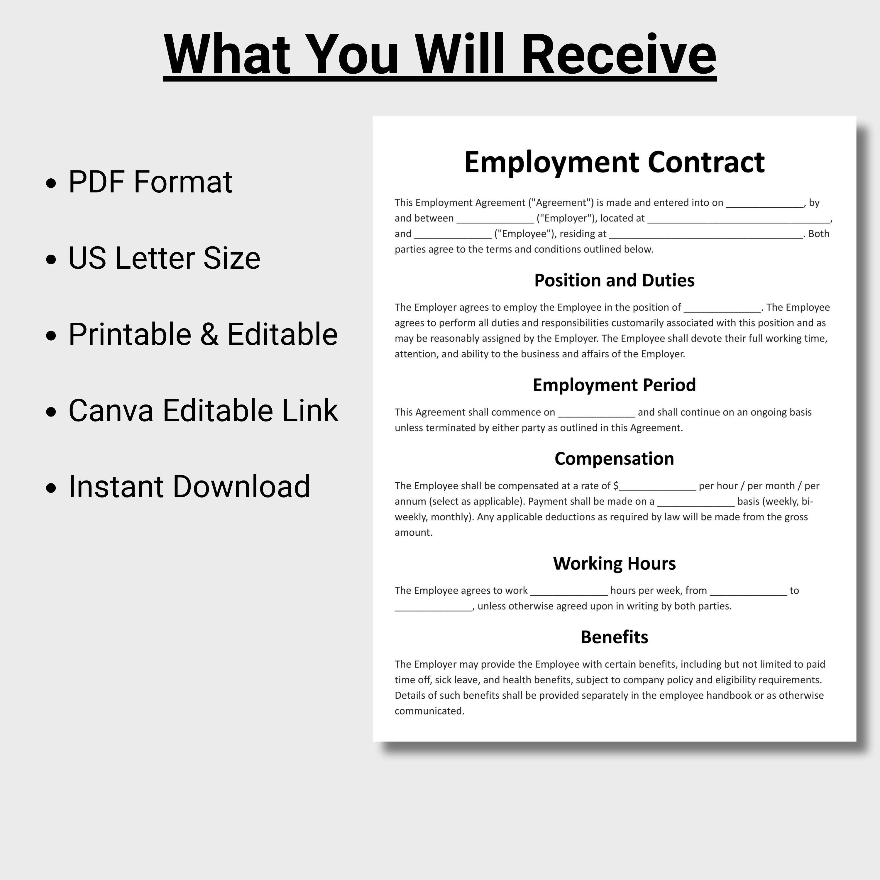 Employment Agreement, Customizable Employment Service Contract Template ...