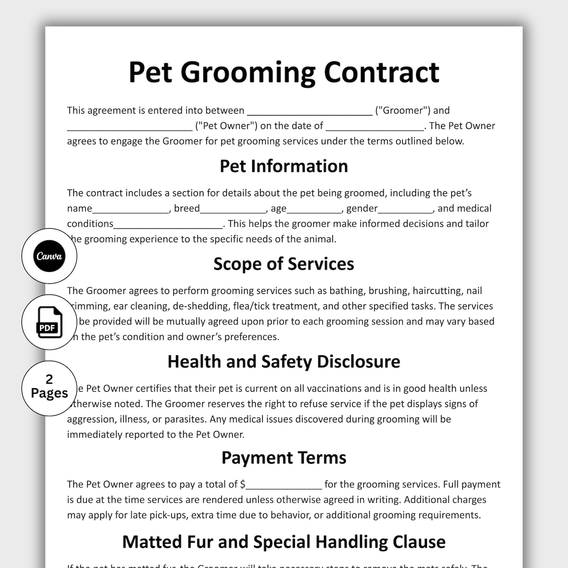 Pet Grooming Contract, Customizable Dog Cat Grooming Form Template ...