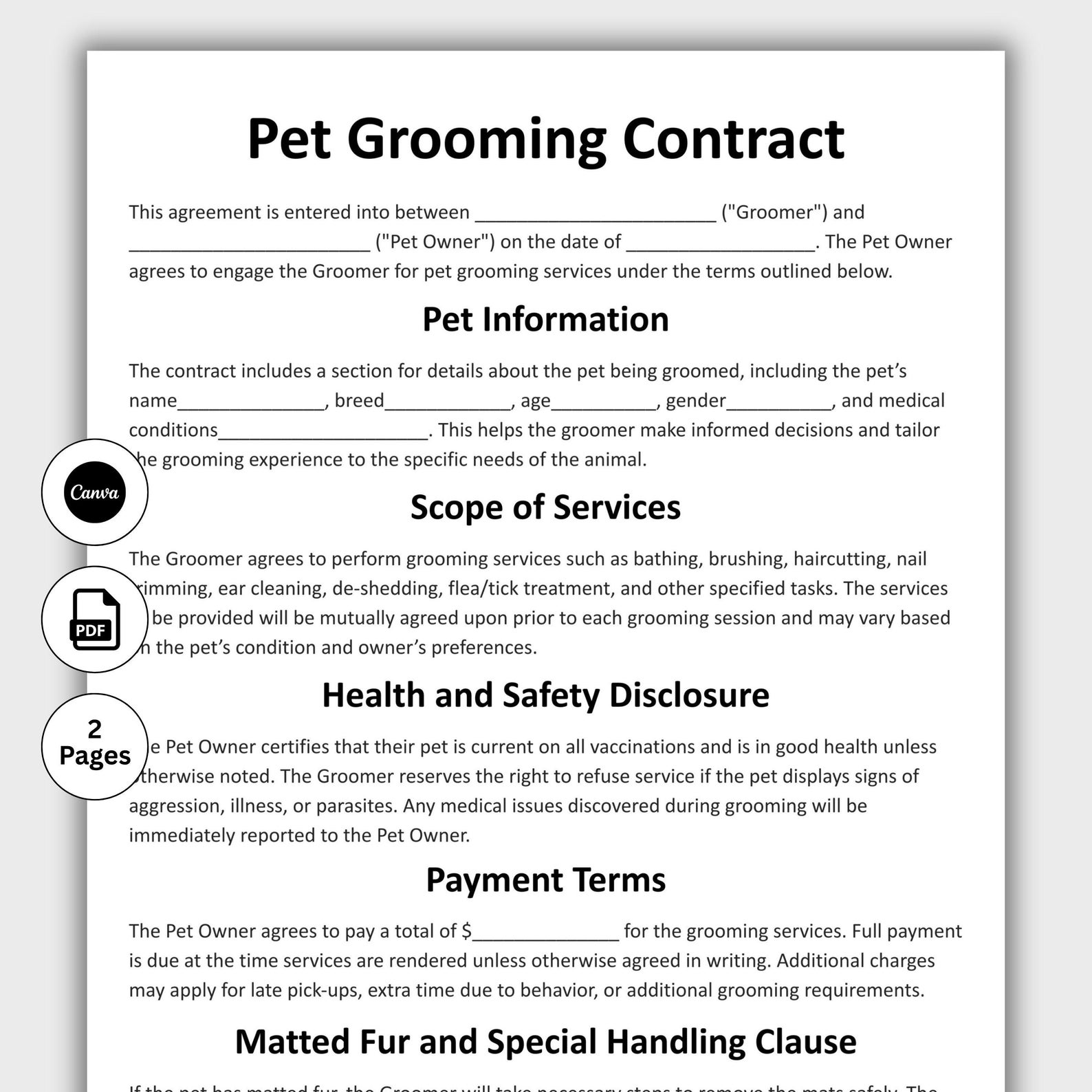 Pet Grooming Contract, Customizable Dog Cat Grooming Form Template ...