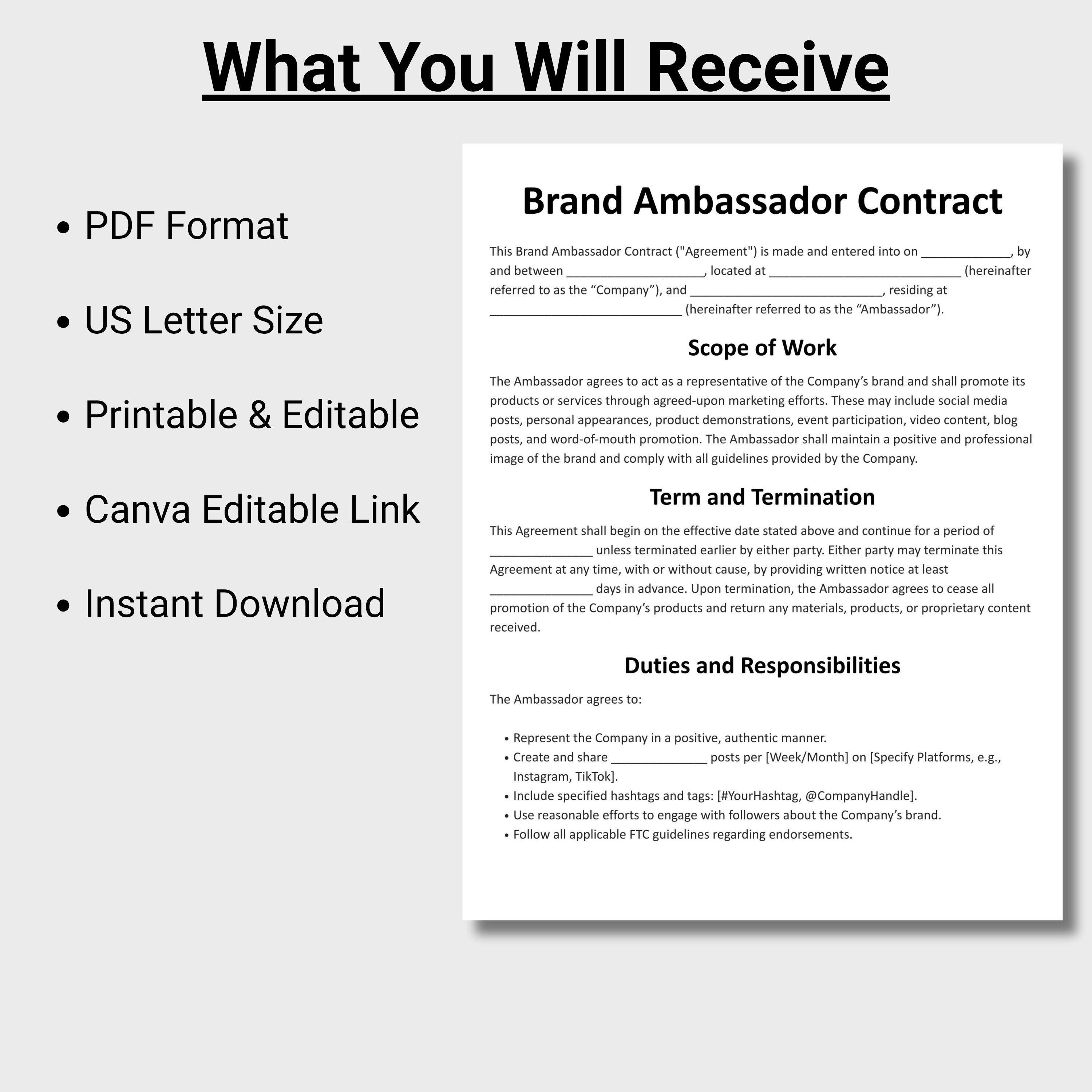 Brand Ambassador Contract, Customizable Social Media Agreement Form ...
