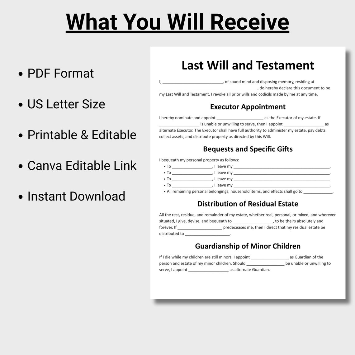 Last Will and Testament, Customizable Testament Form Template ...