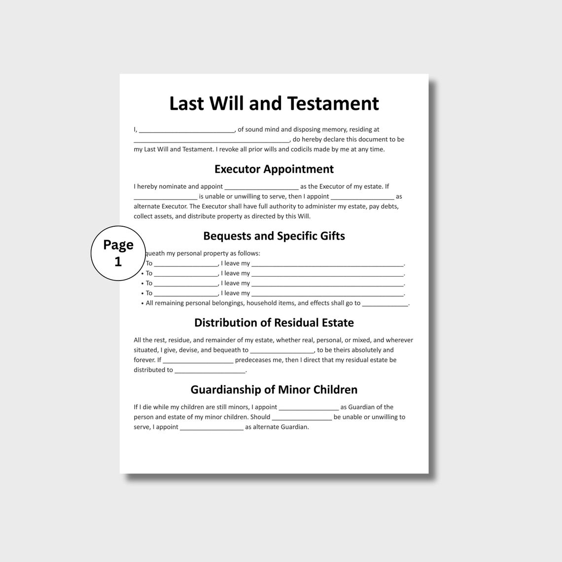Last Will and Testament, Customizable Testament Form Template ...