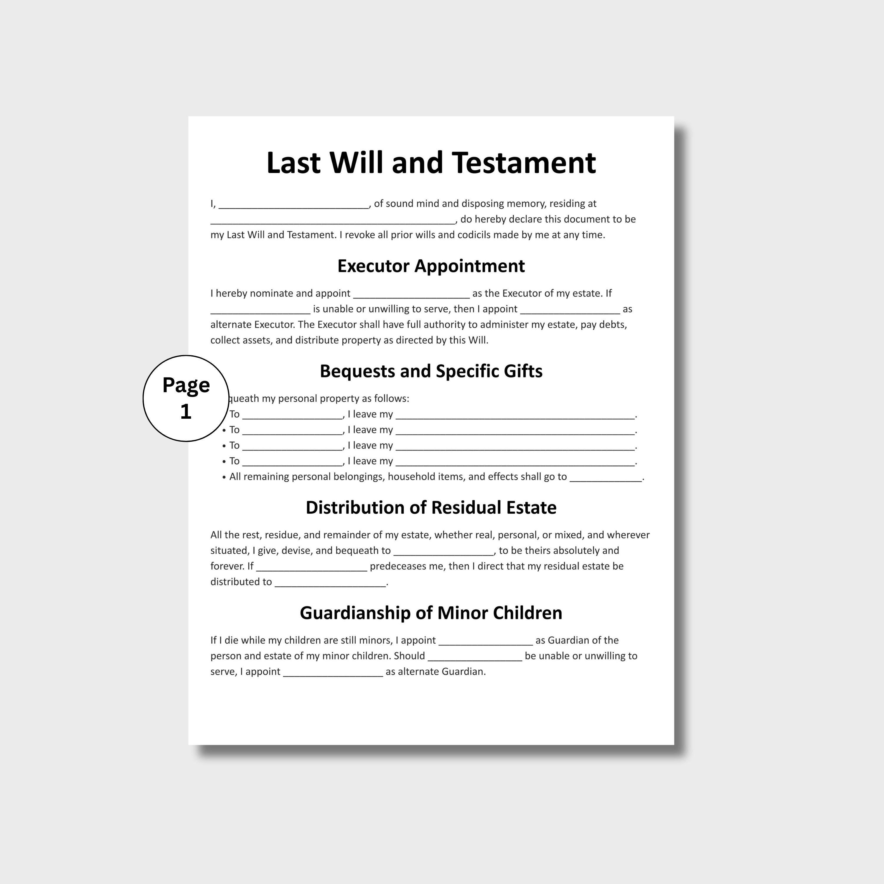 Last Will and Testament, Customizable Testament Form Template ...