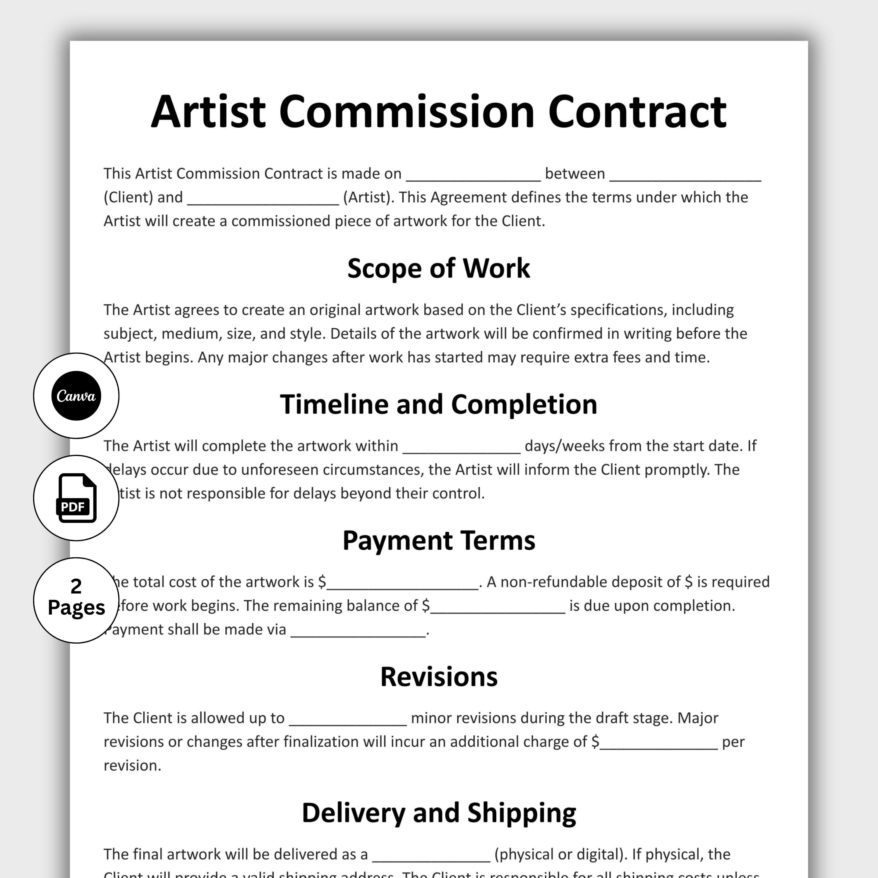 Artist Commission Contract, Customizable Artwork Contract Form Template ...