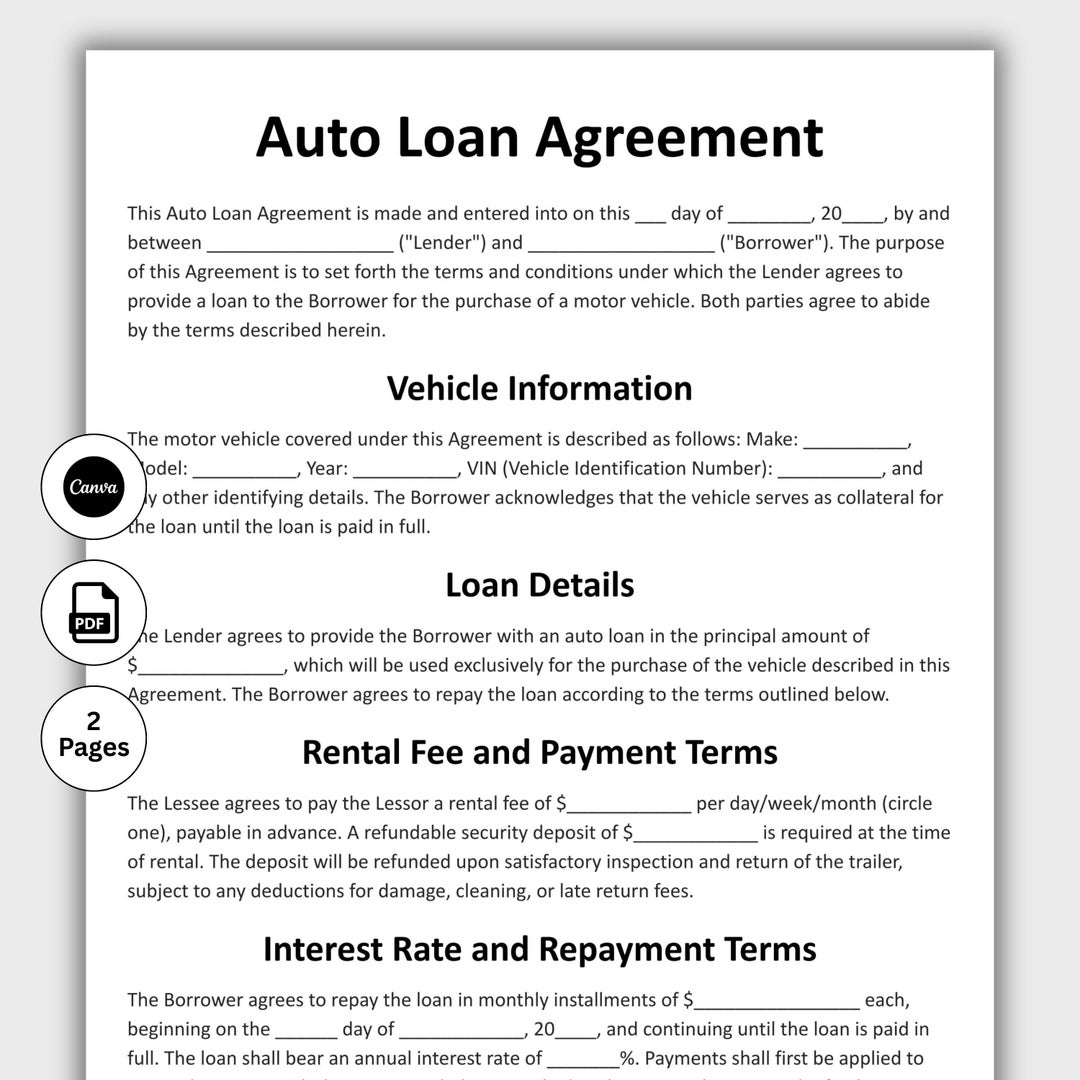 Auto Loan Agreement, Customizable Auto Finance Plan Form Template ...