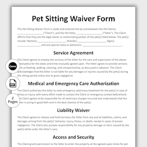 Pet Sitting Waiver Form, Customizable Pet Sitting Release Template, Printable Dog Walking and ...