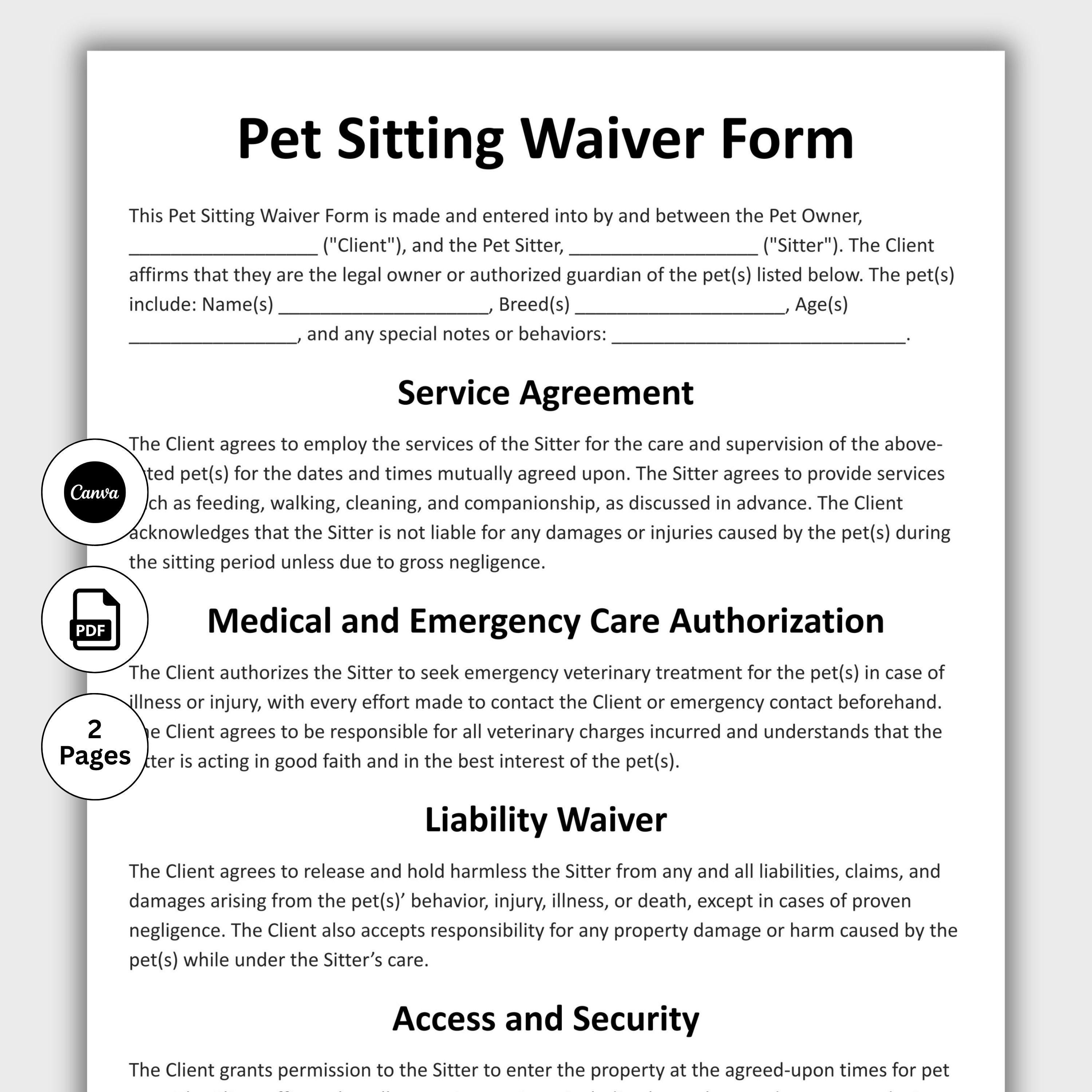 Pet Sitting Waiver Form, Customizable Pet Sitting Release Template ...