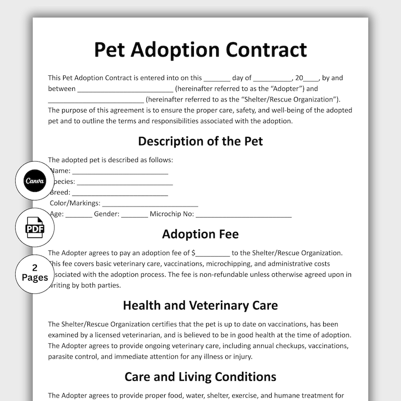 Pet Adoption Contract, Customizable Animal Adoption, Dog, Cat Adoption ...