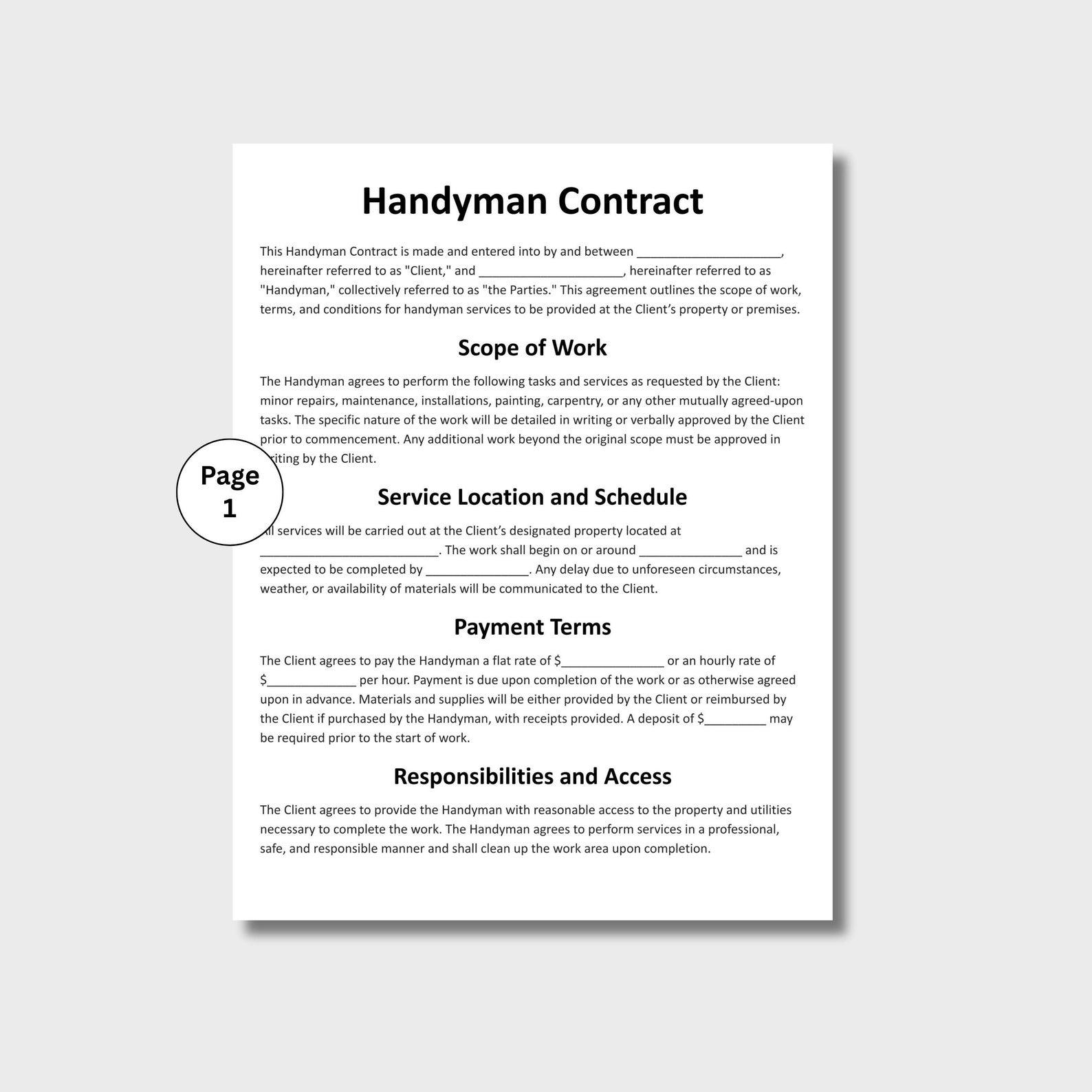 Handyman Contract, Customizable General Construction Contract Form Template, Printable Handyman ...