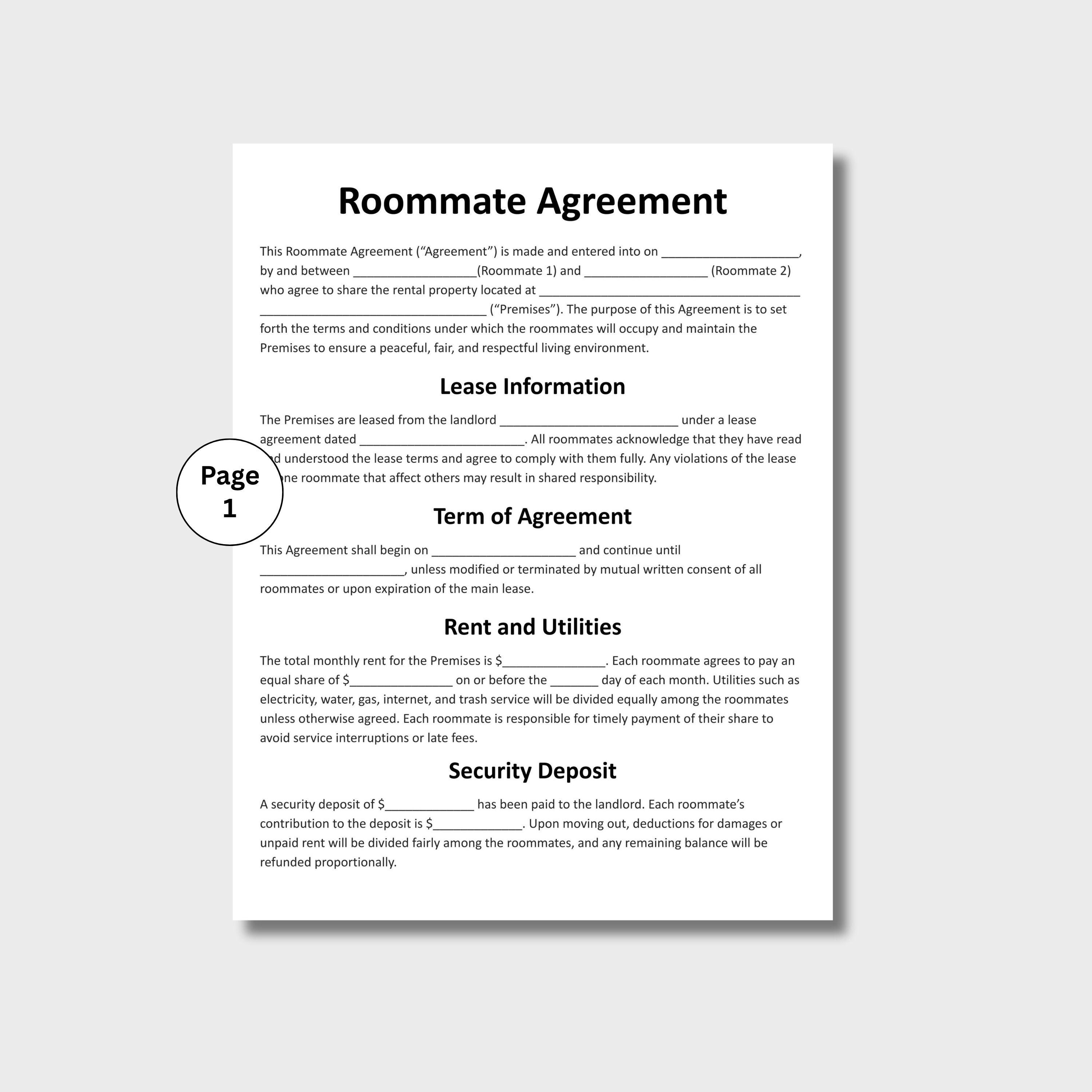 Roommate Agreement, Customizable Roommate Rental Contract Form Template ...