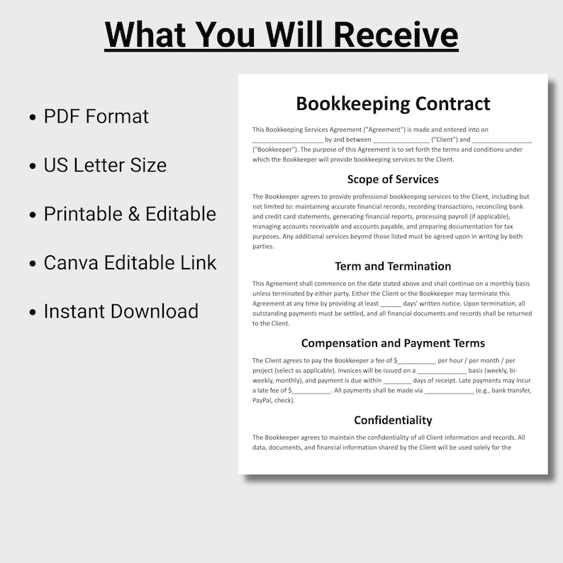Bookkeeping Contract, Customizable Freelance Bookkeeper Form Template ...