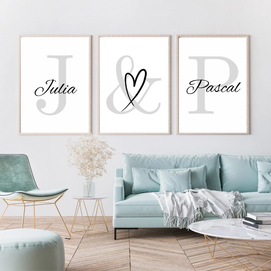 Couple Name Prints, Personalized Couples Name and Initial, Set of 3 ...