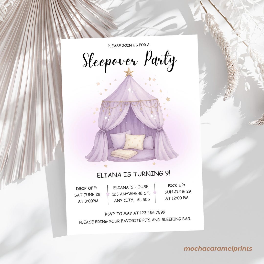 Purple Sleepover Party Invitation – Editable Girl Slumber Party ...