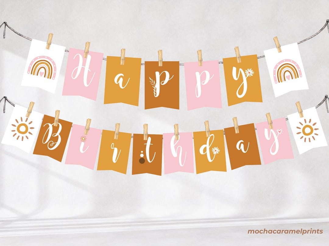 Boho Rainbow Happy Birthday Banner: Printable Daisy & Sun Party Decor ...