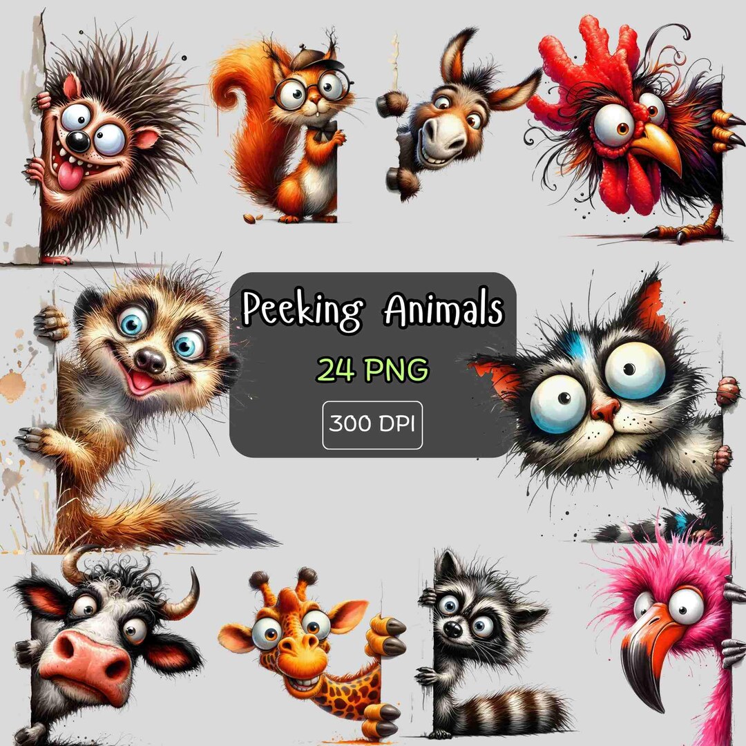 Funny Animal Clipart PNG Bundle | Quirky Peeking Critters (digital ...