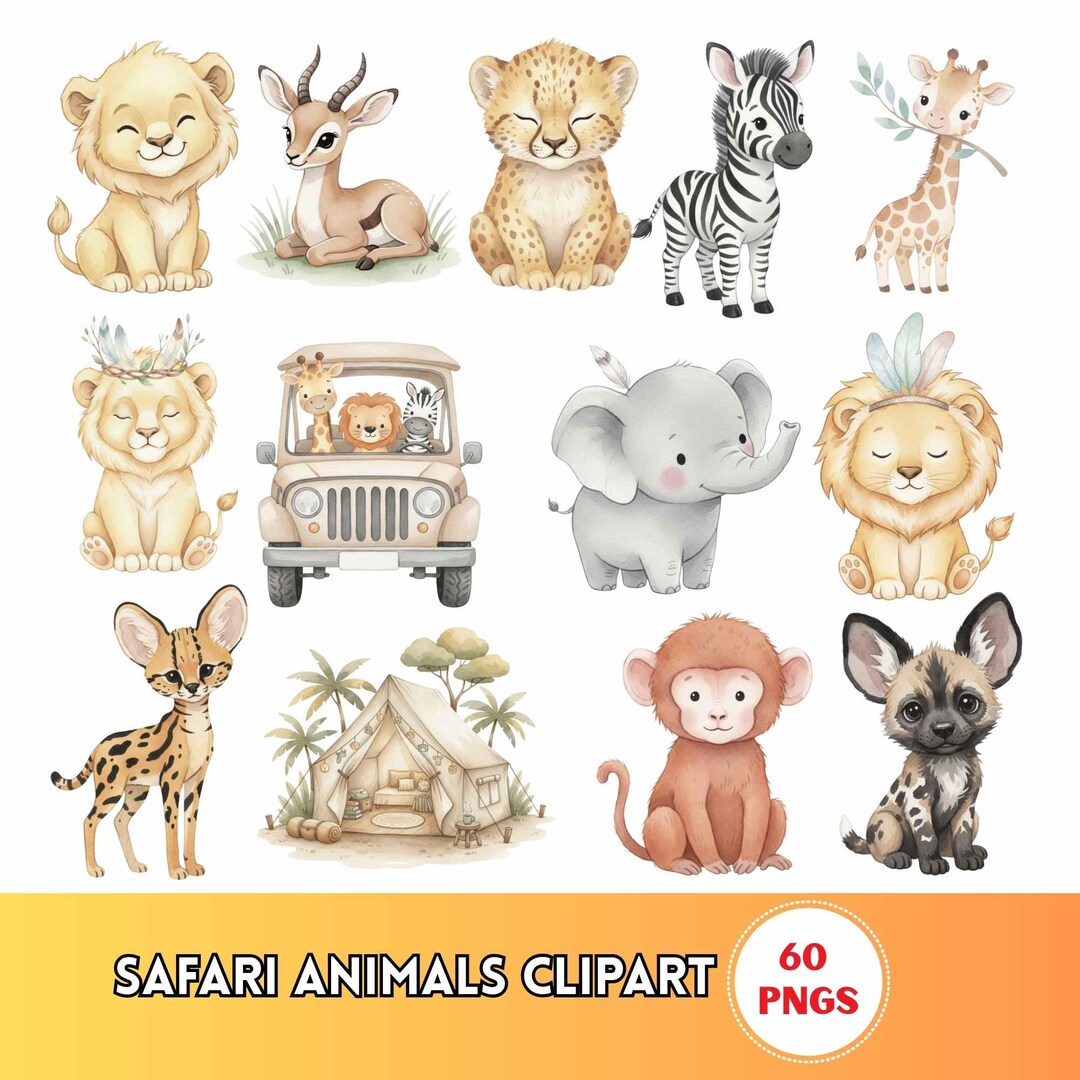 Cute Safari Animals Clipart – 60 PNG Bundle, Baby Jungle Animals ...