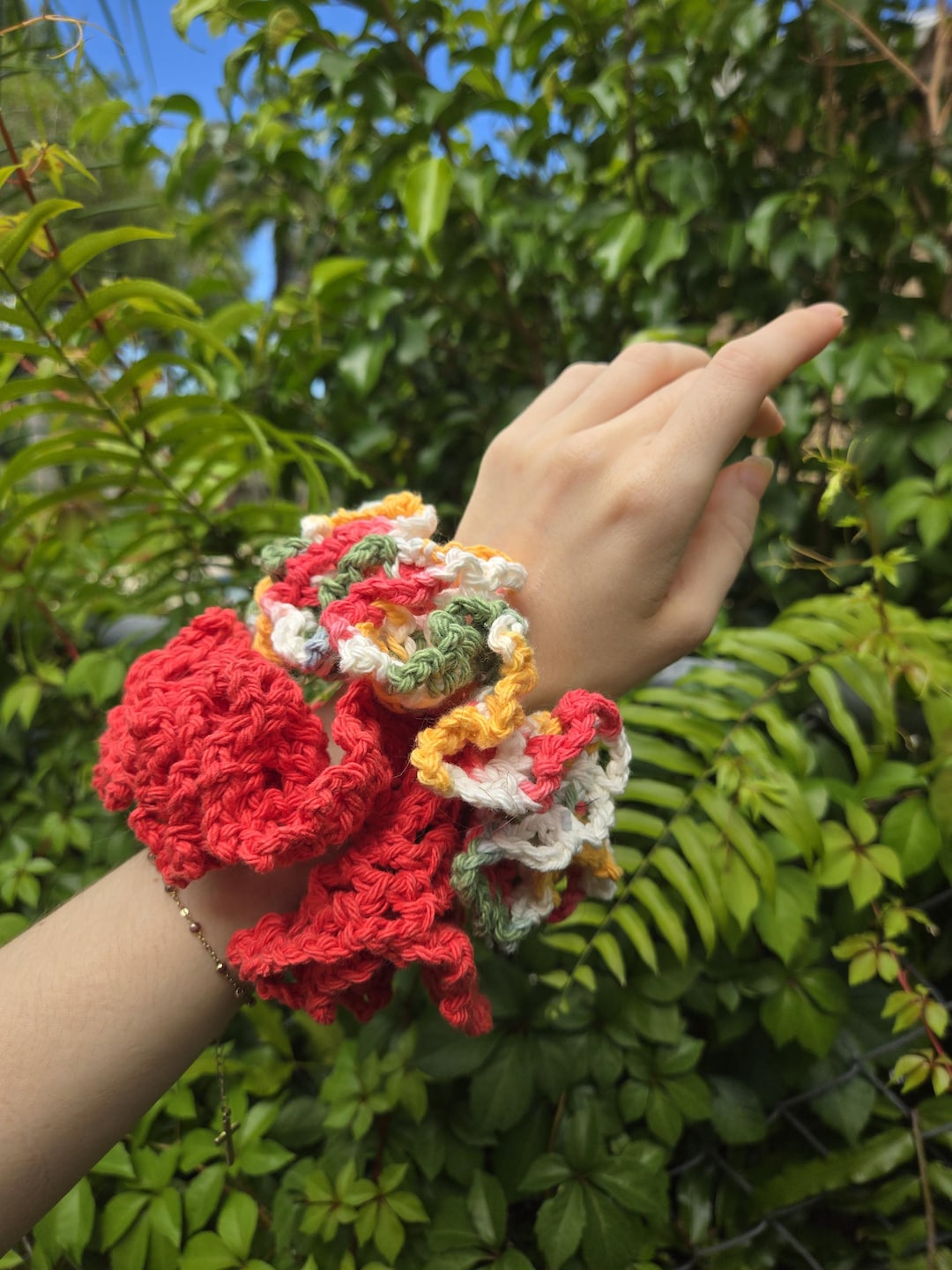 Red & Mango Cotton Lace Scrunchie Set, Croquette Hair Accessory ...